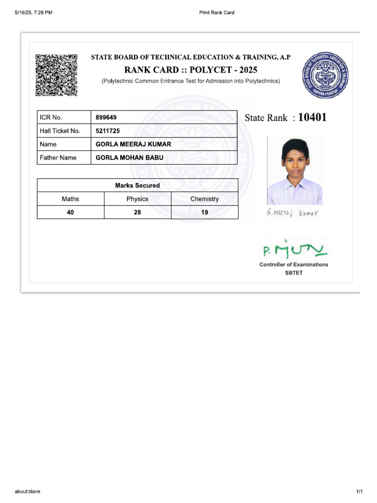 Polycet Rank Card | PDF