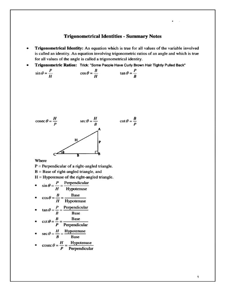 Trigonometry Identities Notes Pdf