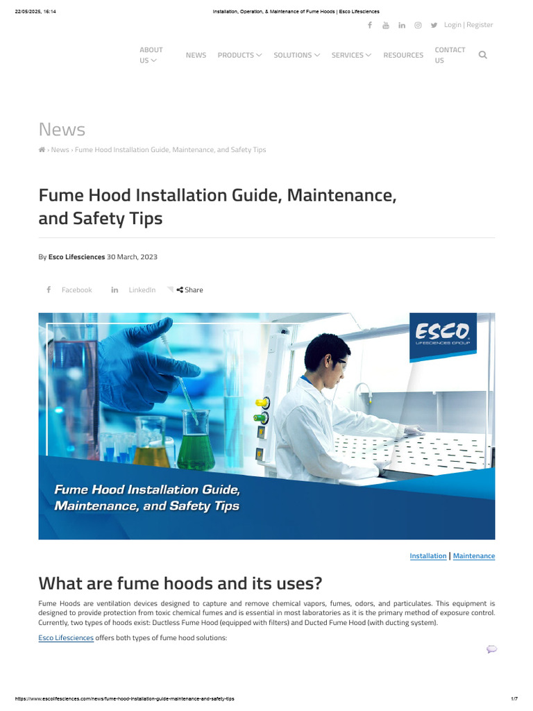 Installation, Operation, & Maintenance of Fume Hoods - Esco Lifesciences | PDF