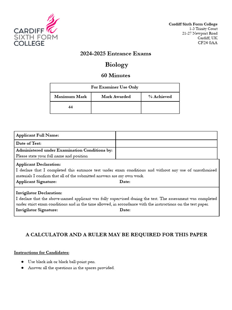 Biology Entrance Exam 2025 | PDF | Cell (Biology) | Photosynthesis