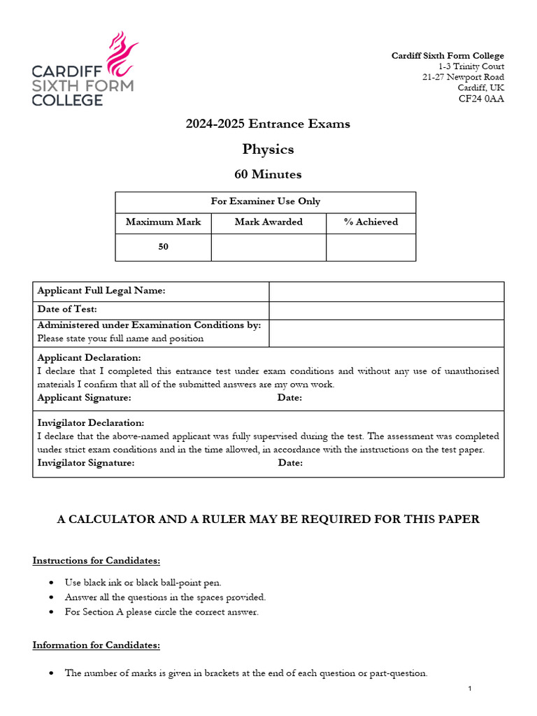 HSSC Physics Entrance Exam 2025 | PDF | Multiple Choice