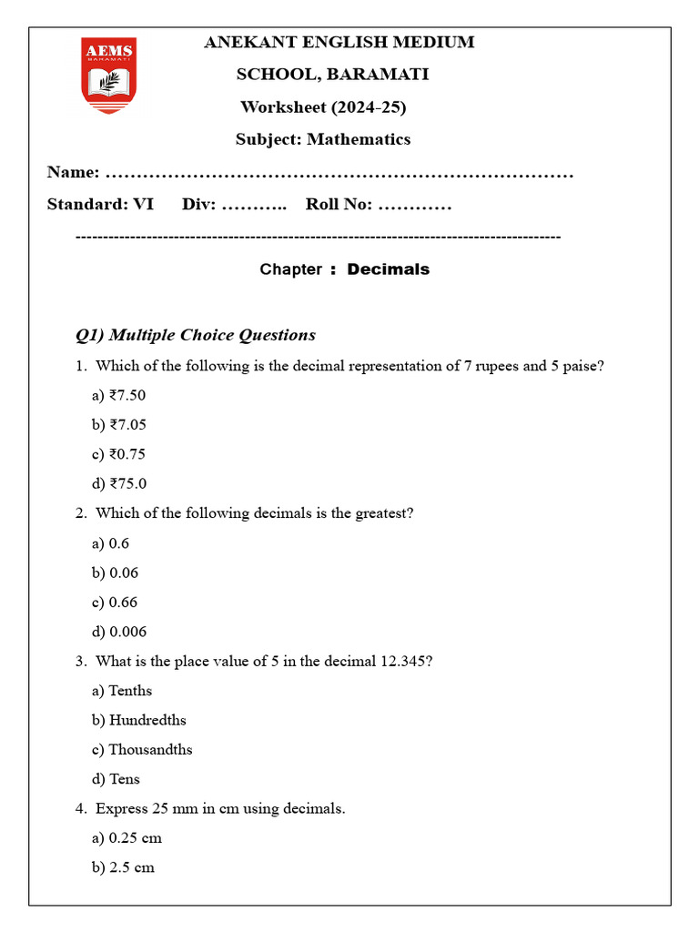 Class 6 Decimal Worksheet 2024-25 | PDF