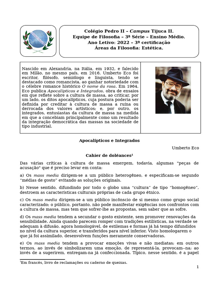 Texto - Umberto Eco - ApocalÃ Pticos e Integrados | PDF | Economia | Massa