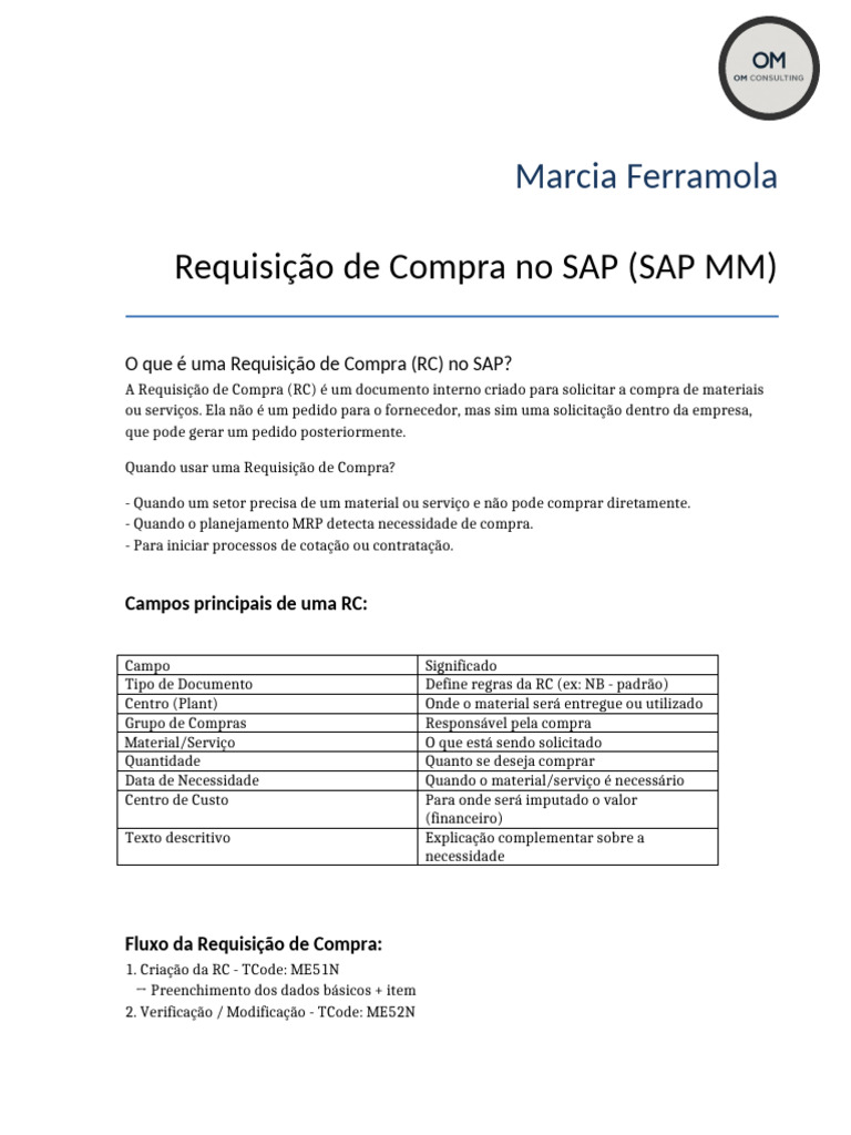Conteudo Requisicao Compra SAP MM | PDF