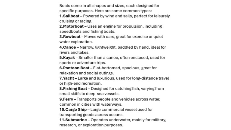 Types of Boats and Their Uses | PDF