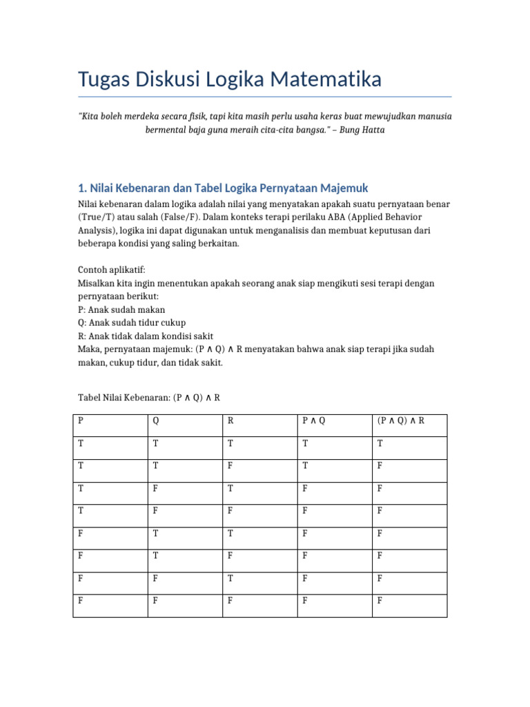 Tugas Diskusi Logika Matematika ABA Tabel Fix | PDF