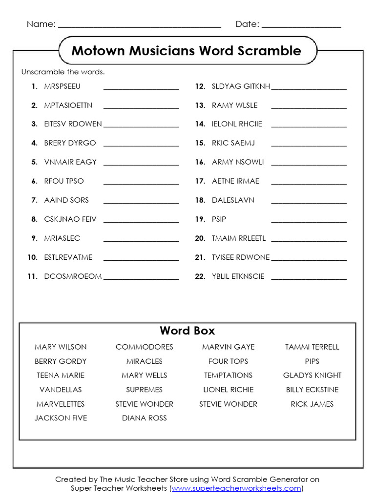 Motown Musicians Word Scramble | PDF | Motown | Universal Music Group