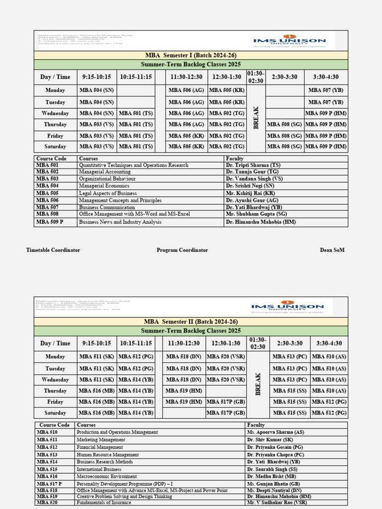 MBA Batch 24-26 Summer Term Timetable 2025 | PDF
