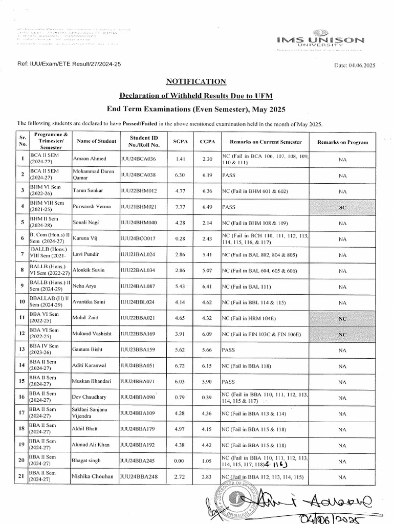 UFM - Declaration of Result | PDF
