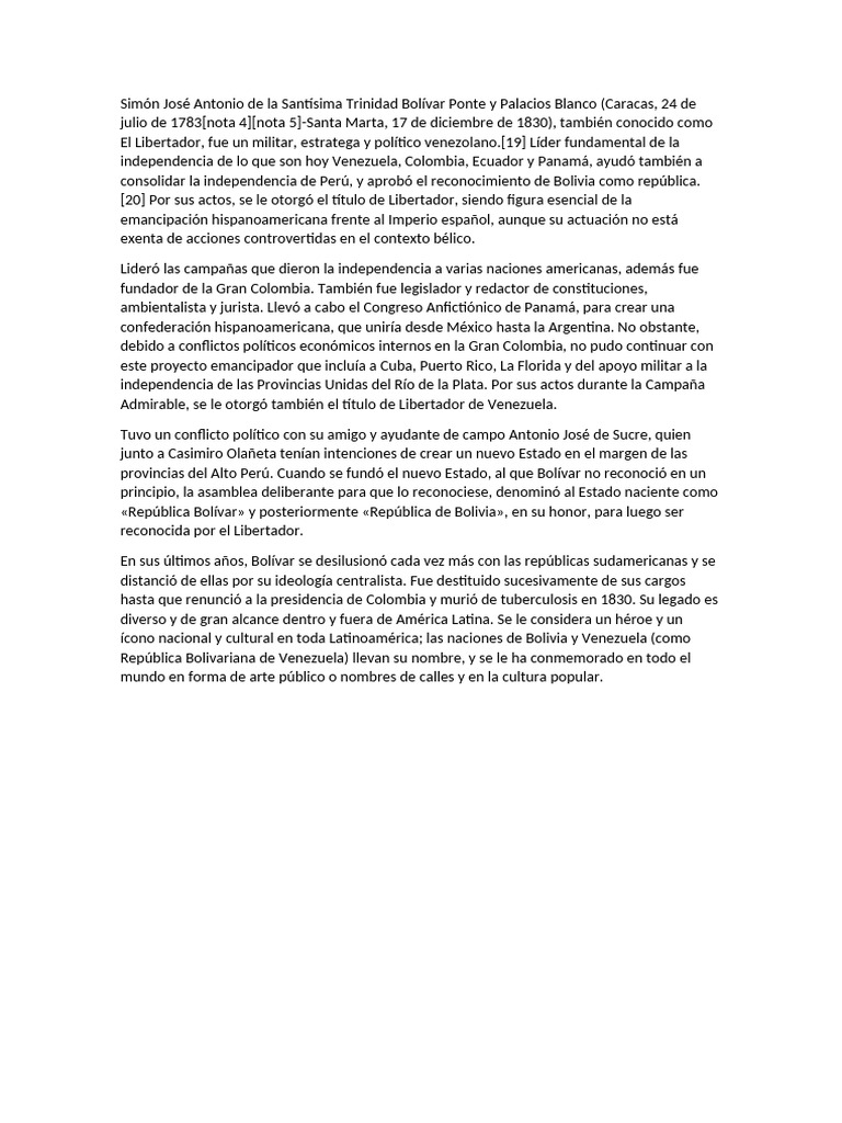 Biografía de Simón Bolívar: El Libertador | PDF