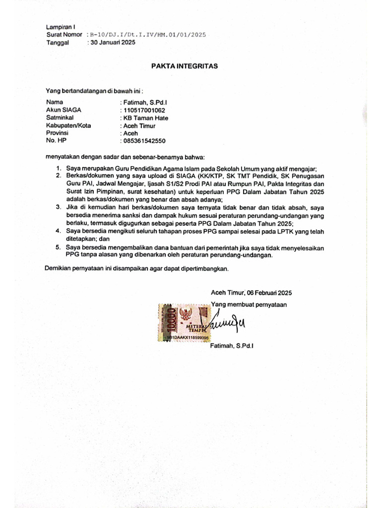 Pakta Integritas | PDF