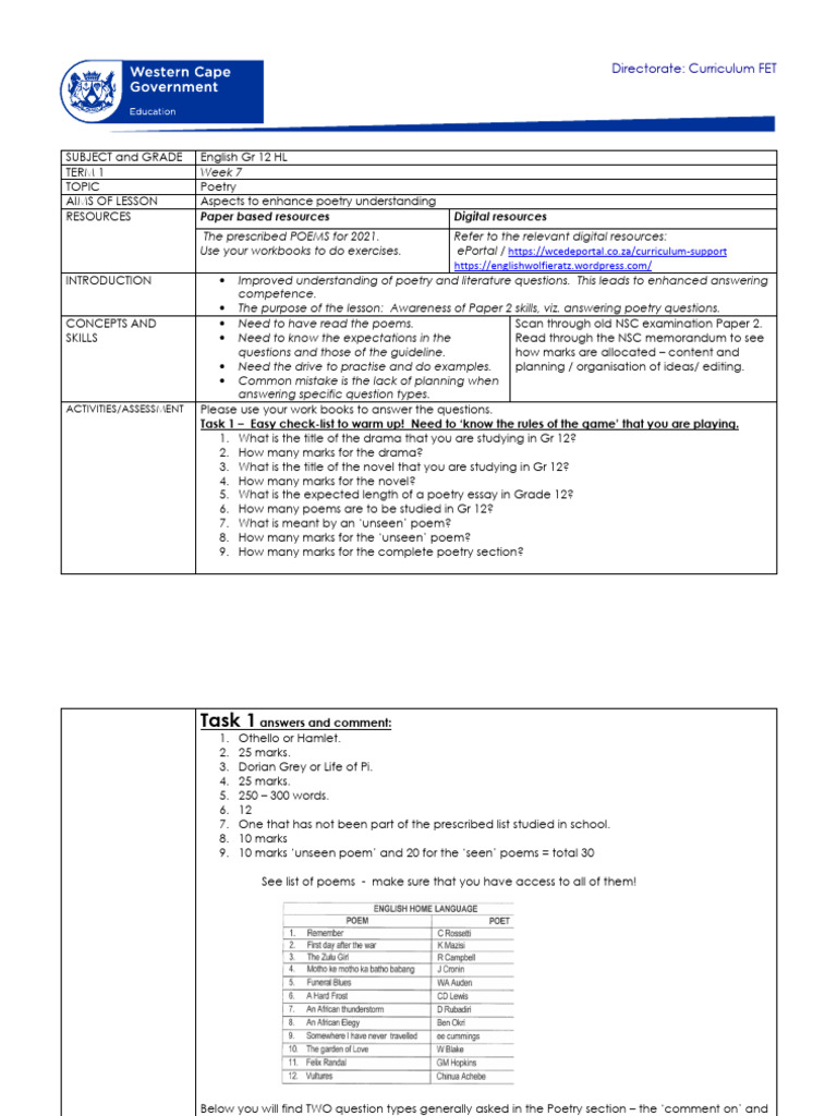 Grade 12 Poetry Study Guide | PDF | Poetry