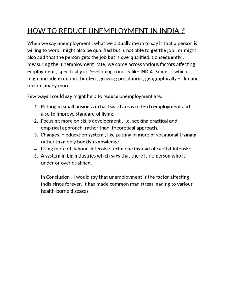 How To Reduce Unemployment in India | PDF