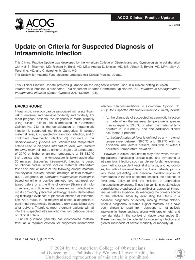 ACOG - Update On Criteria For Suspected Diagnosis of Intraamniotic ...