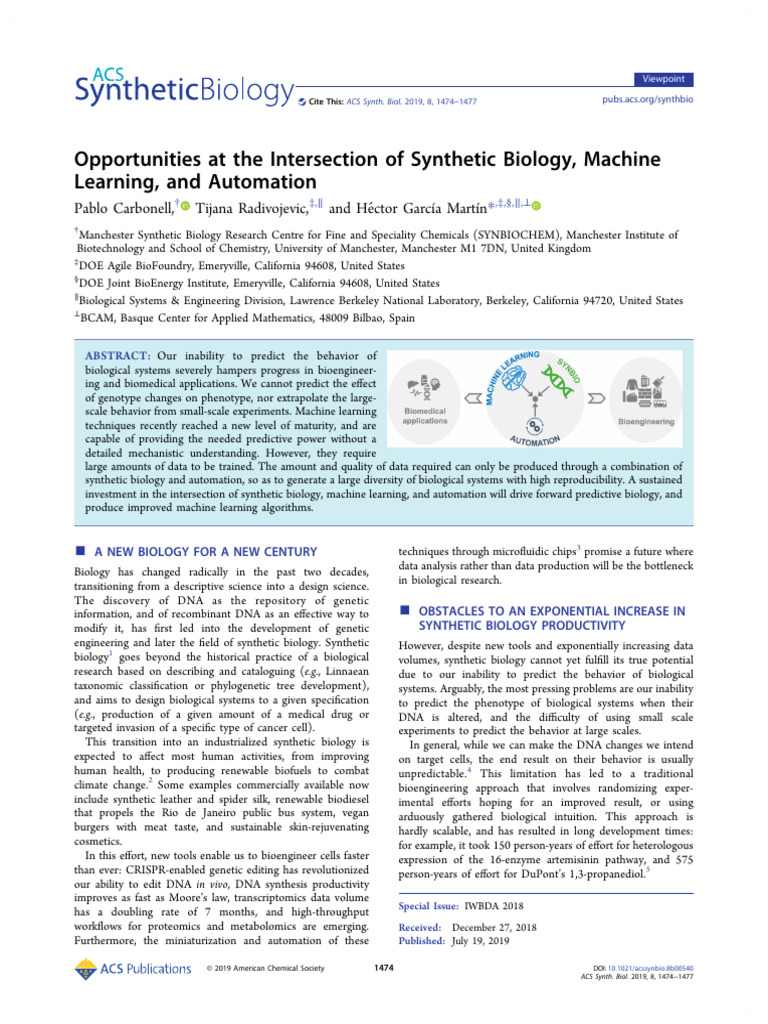 Carbonell Et Al 2019 Opportunities at The Intersection of Synthetic ...