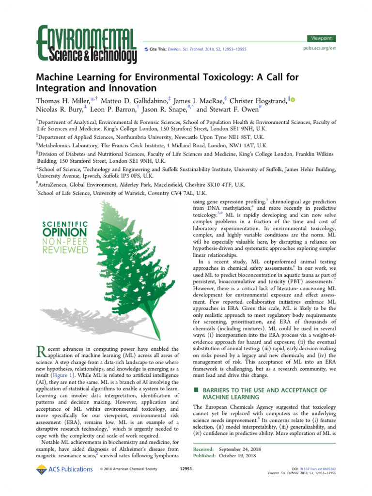Miller Et Al 2018 Machine Learning For Environmental Toxicology A Call ...