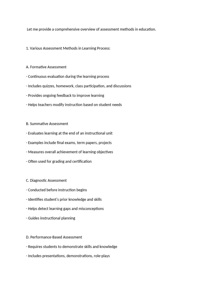 Education Assessmet (Assessment Methods) | PDF | Educational Assessment | Educational Assessment ...