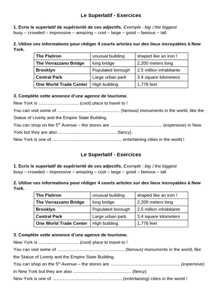Superlatif - Exercices 5e | PDF