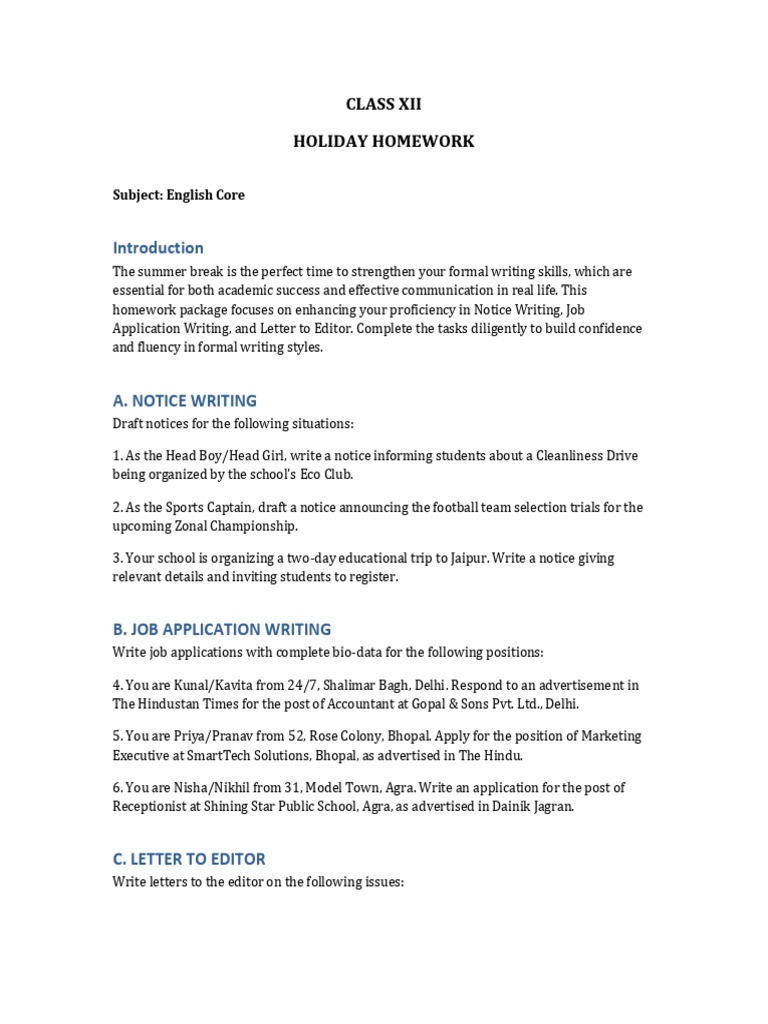 Class XII Holiday Homework English | PDF