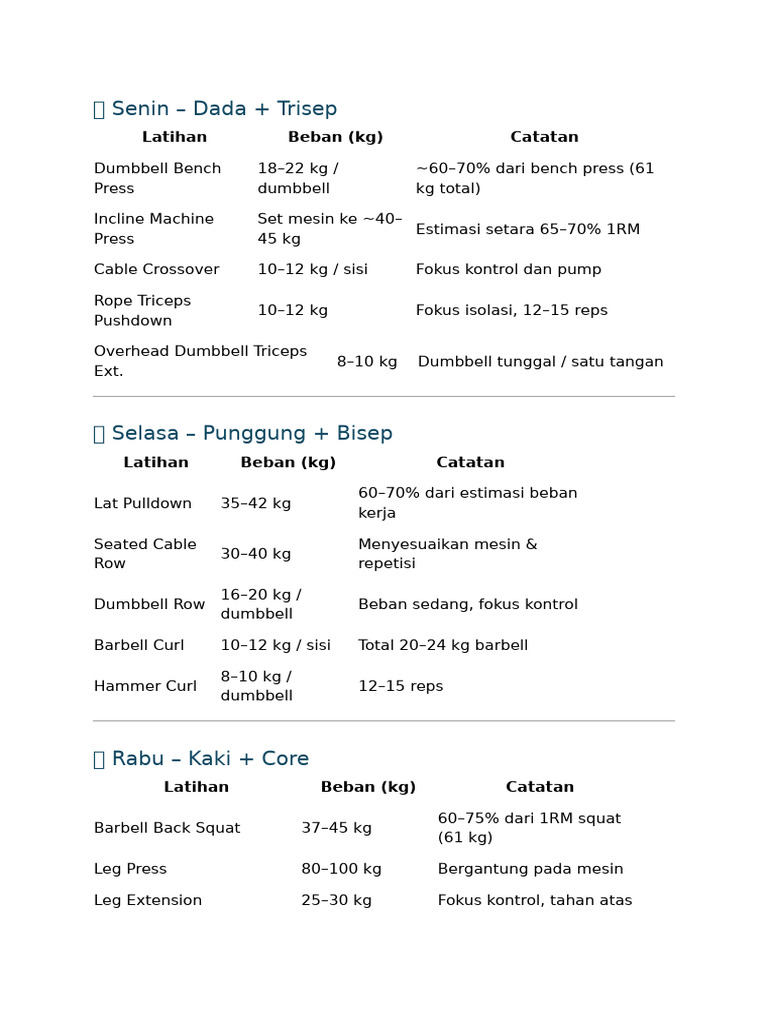 Program Latihan Beban Mingguan | PDF