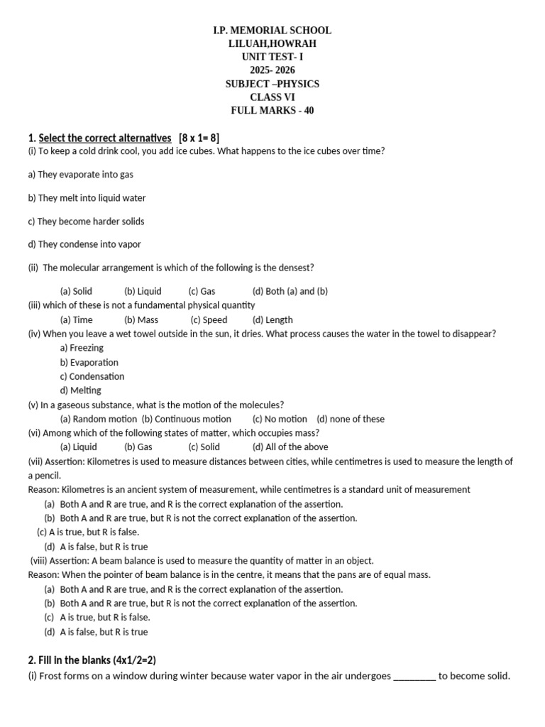 Class 6 Physics Unit Test 1 25-26-1 Updated | PDF | Gases | Liquids