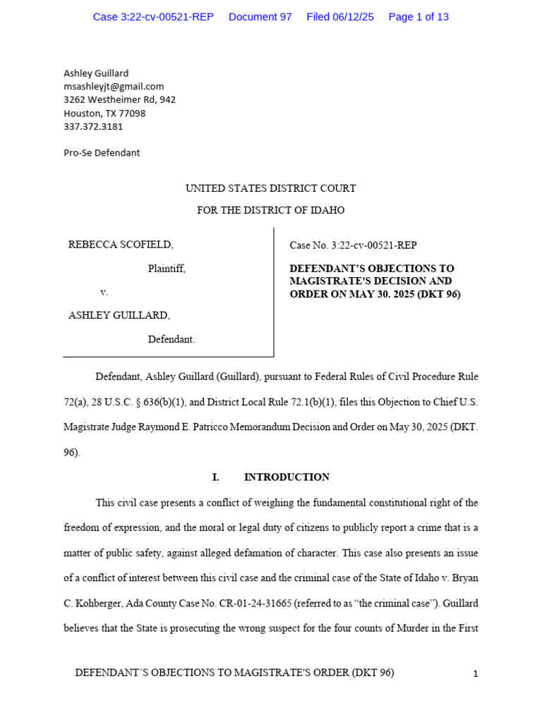 REBECCA SCOFIELD v. ASHLEY GUILLARD | PDF | Complaint | Defamation