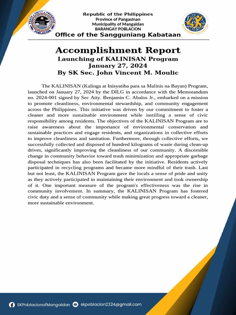 Accomplishment Report Launching of KALINISAN Program | PDF