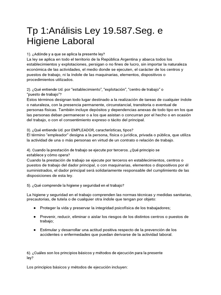 Joaquin Fernandez Schmidt - TP #1. Análisis Ley 19.587.seg. e Higiene Laboral | PDF | Seguridad ...