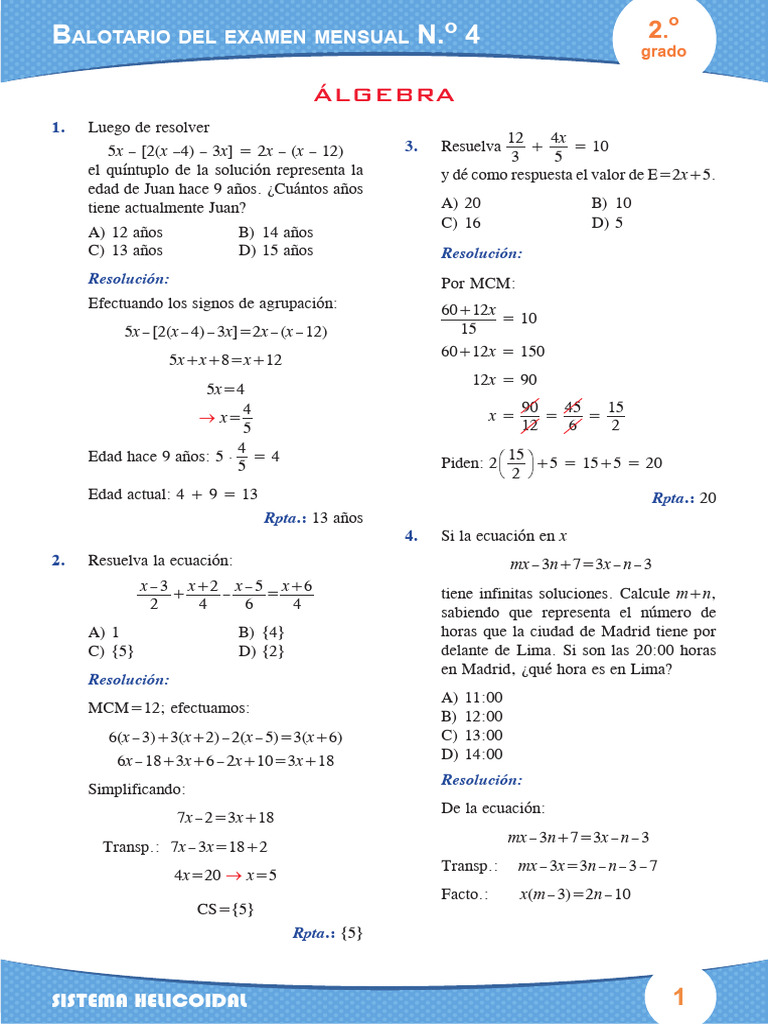 Algebra - Balotario Mensual Iv Bimestres | PDF | Análisis matemático | Álgebra abstracta