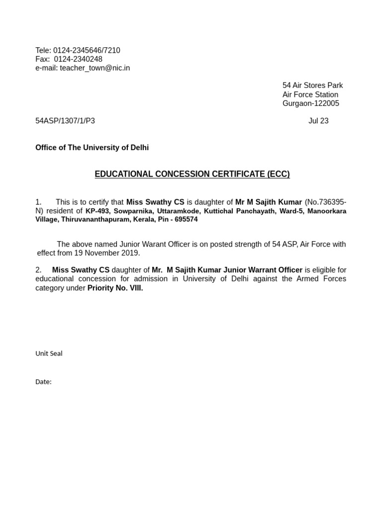 Format of The Educational Concession Certificate | PDF