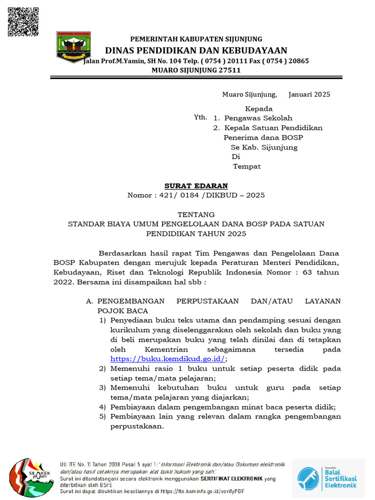 Surat Edaran BOSP Tahun 2025 | PDF