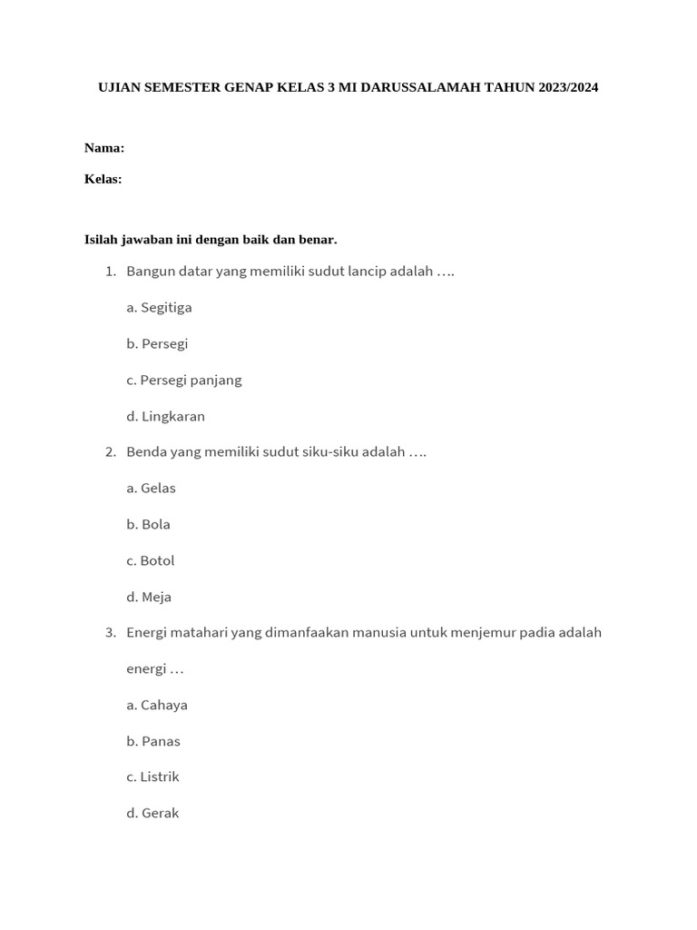 Ujian Semester Genap Kelas 3 Mi Darussalamah Tahun 2023 | PDF
