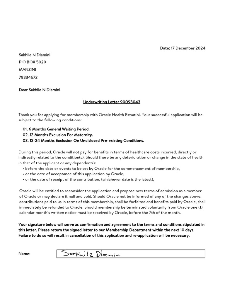 Member Underwriting Letter | PDF