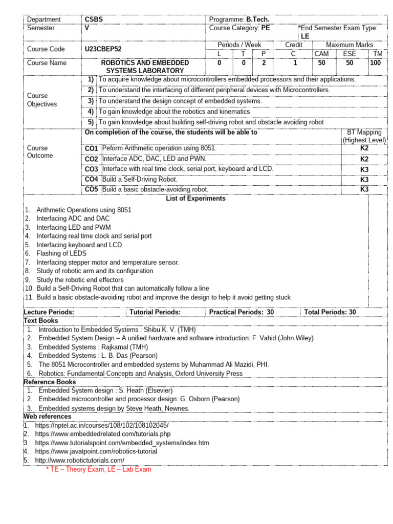 U23CBEP52 - Robotics and Embedded Systems Laboratory | PDF | Embedded System | Robot
