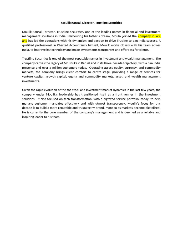 Trustline Securities: Leadership of Moulik Kansal | PDF