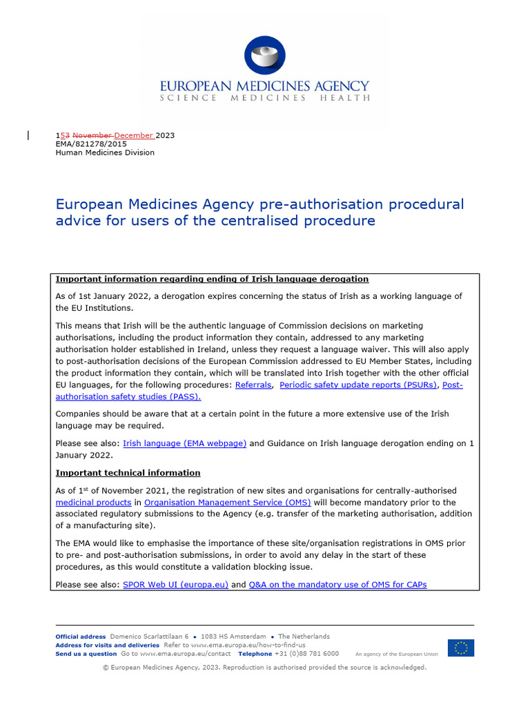 European Medicines Agency Pre Authorisation Procedural Advice Users ...