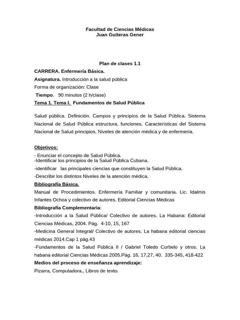 Plan de Clases 1 Primera Semana | PDF | Cuidado de la salud | Hospital