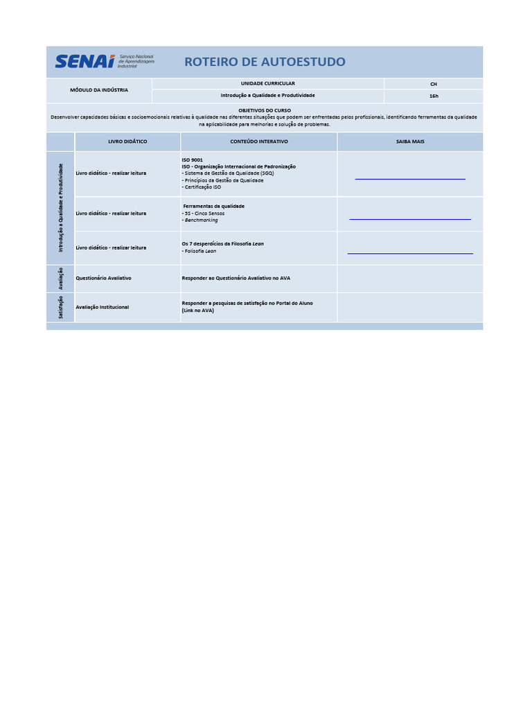 ROTEIRO de AUTOESTUDO - Introdução A Qualidade e Produtividade | PDF ...