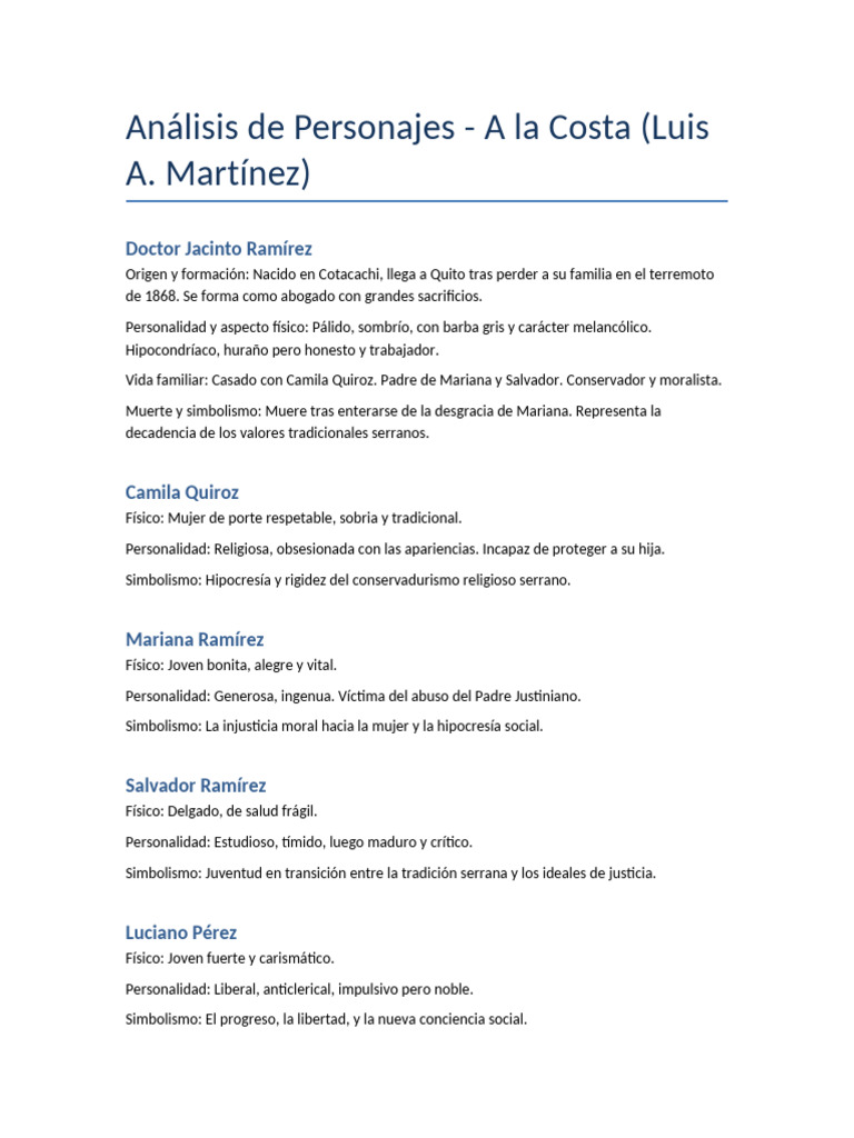 Análisis de Personajes en "A la Costa" | PDF