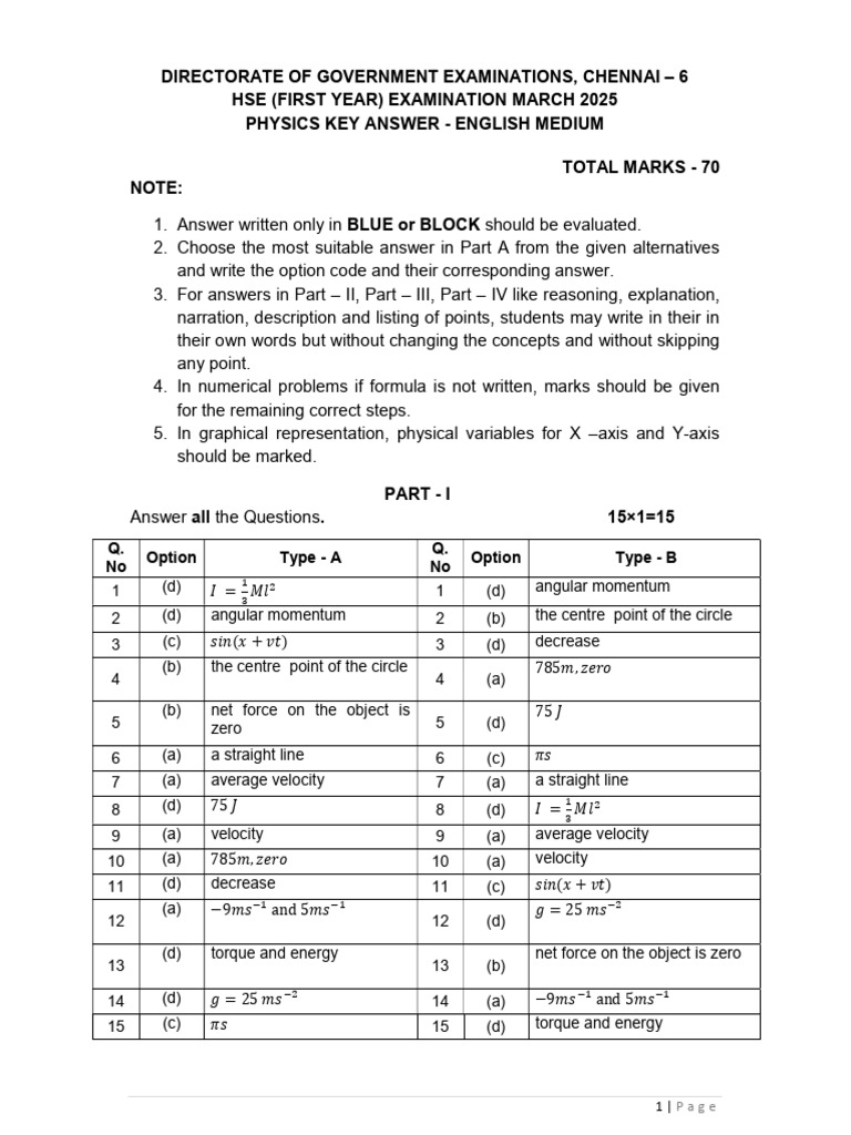 11th Physics EM Official Answer Key To Public Exam March 2025 Question Paper English Medium PDF ...