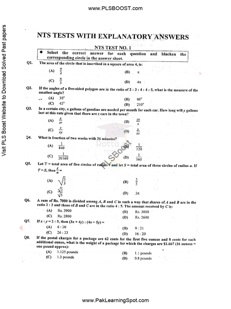 Download Solved NTS Maths Papers | PDF