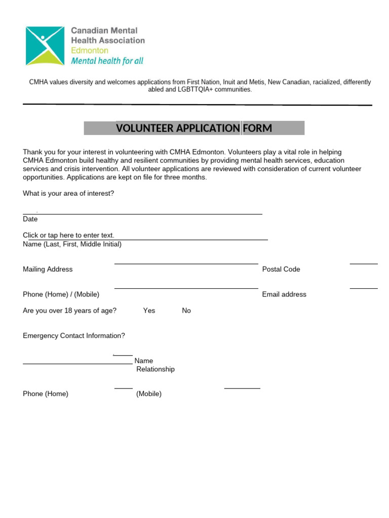 CMHA Edmonton Volunteer Application Form | PDF