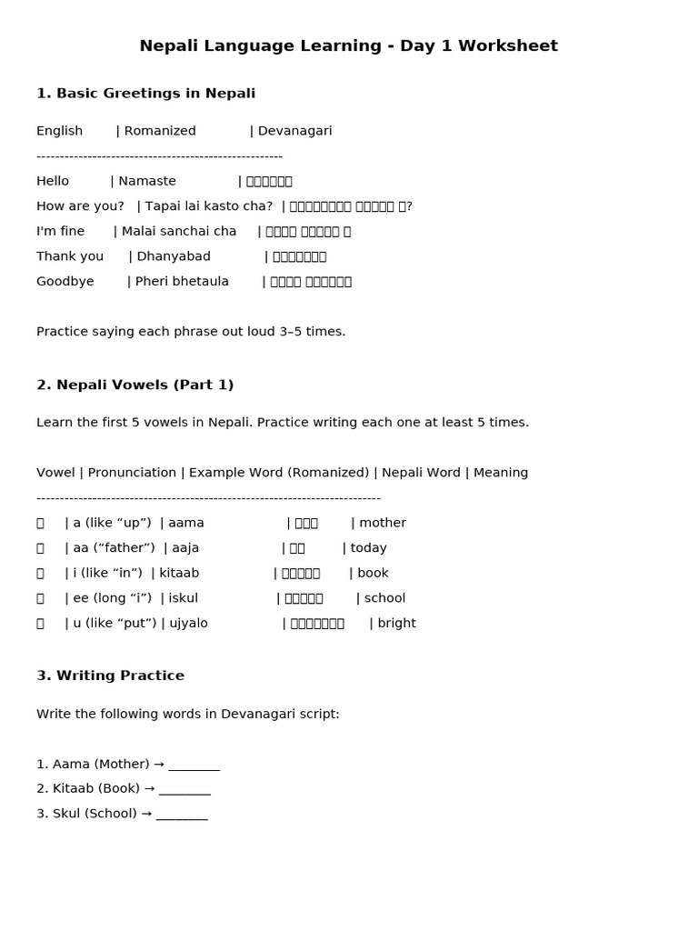 Class 1 Nepali Language Worksheet | PDF