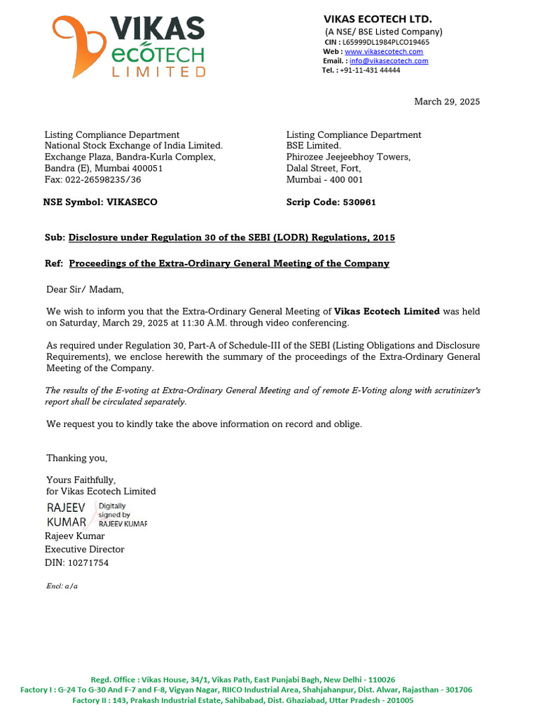 Nse Symbol: Vikaseco Scrip Code: 530961: (A NSE/ BSE Listed Company ...