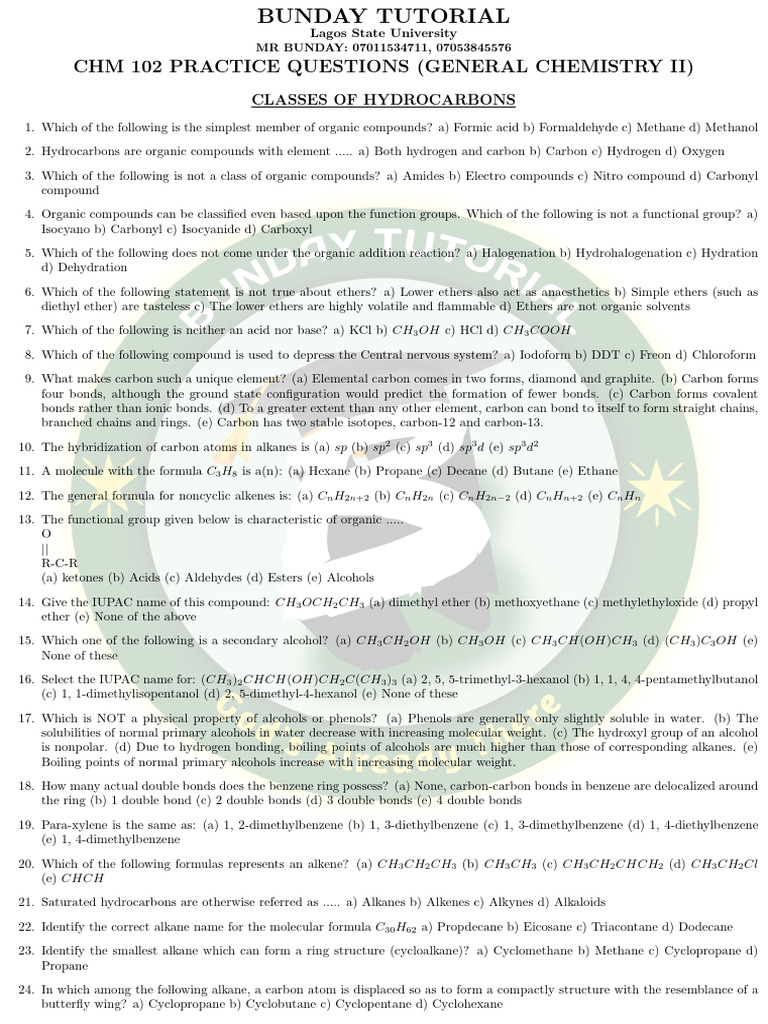 Bunday Tutorial Chem102 Organic Chemistry Practice Qsts-1 | PDF | Alkene | Carboxylic Acid