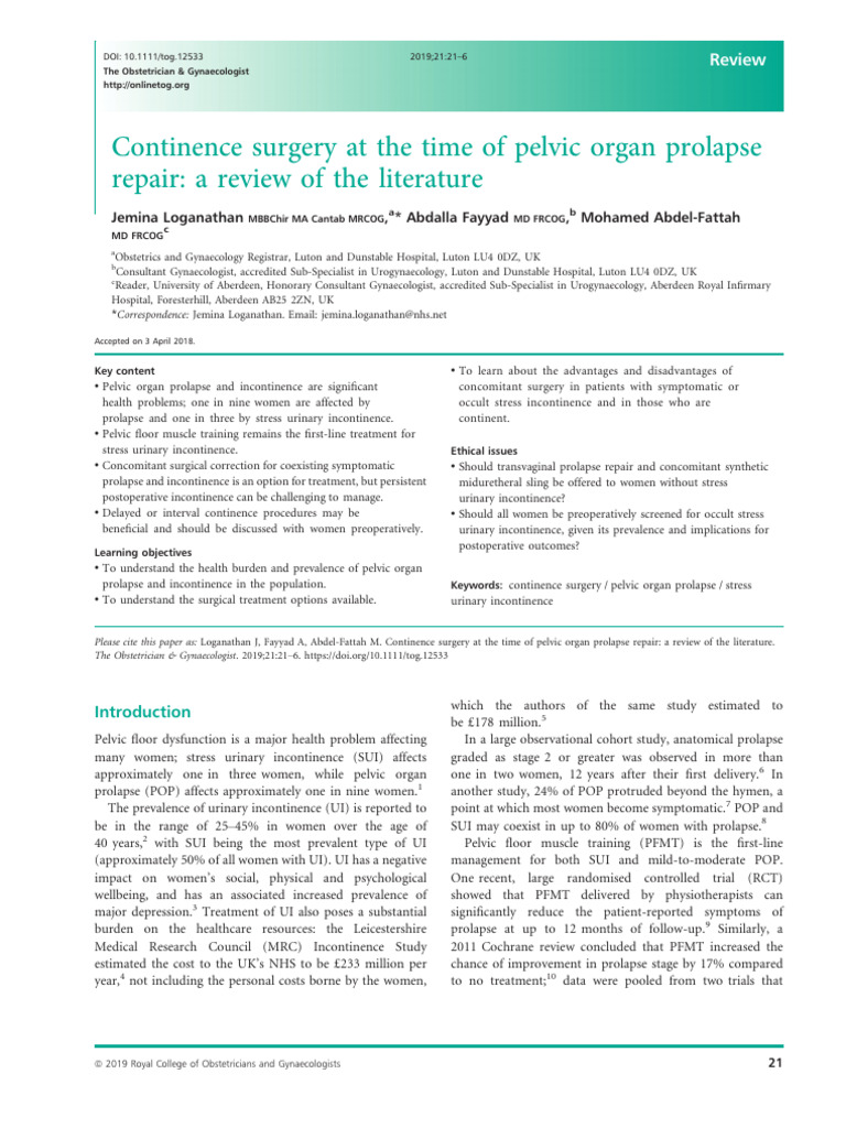 Continence Surgery During POP Repair TOG 2019 | PDF | Urinary ...