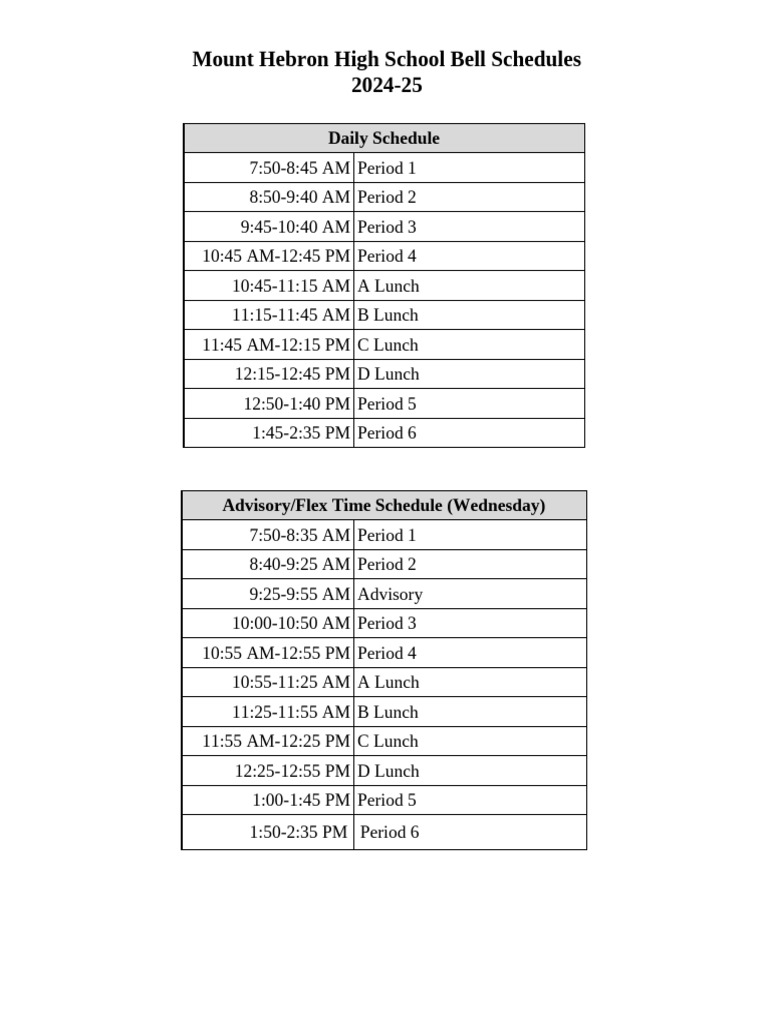 Mount Hebron High School Bell Schedule 24-25 | PDF