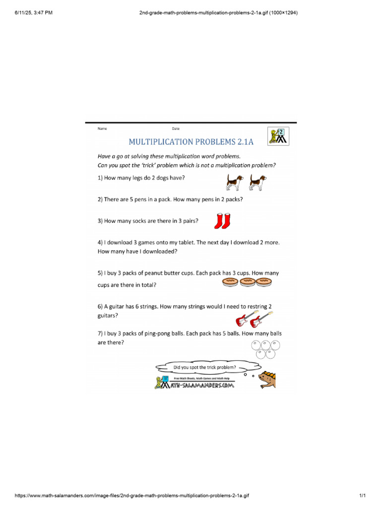 2nd Grade Math Problems Multiplication Problems 2 1a | PDF