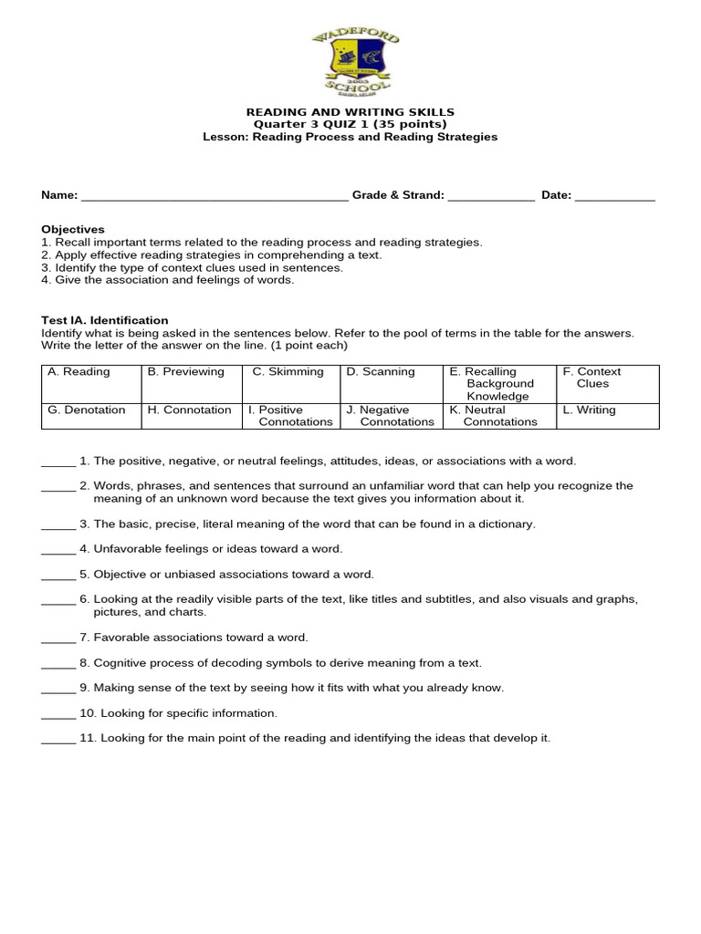 Reading and Writing Skills Quarter 3 Quiz 1 (For Printing) | PDF ...