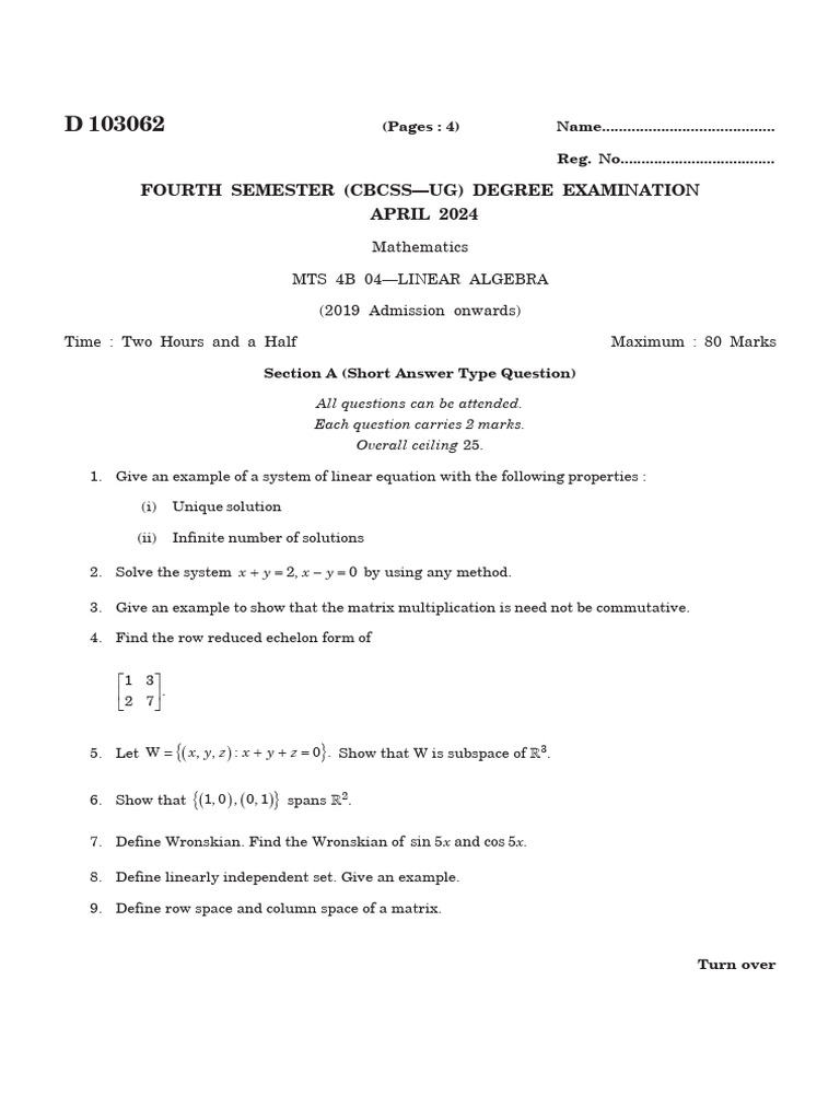 LINEAR ALGEBRA Apr-24 | PDF | Matrix (Mathematics) | Determinant